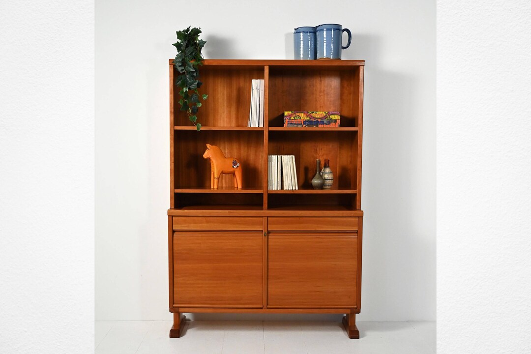 1940s/50s Scandinavian Oak Bookcase With Tambour Sideboard and Open ...