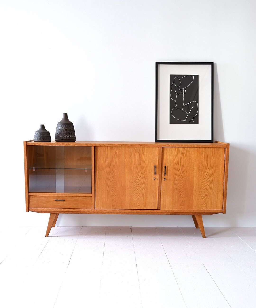 Vintage Oak Sideboard With Glass Display Cabinet 1960s Scandinavian Mid ...