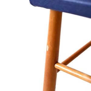 Retro Vintage Wooden Stool With Dark Blue Faux Leather Seat - Etsy