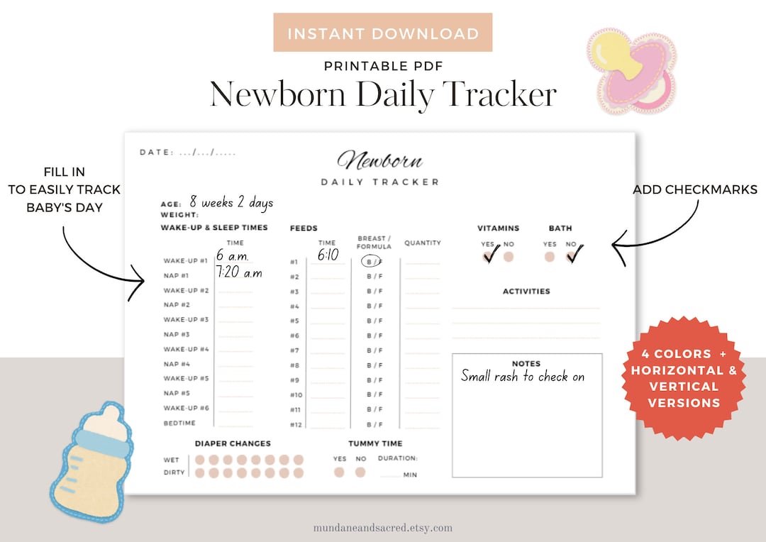 Printable Newborn Tracker, Instant Download and Print, Daily Baby ...