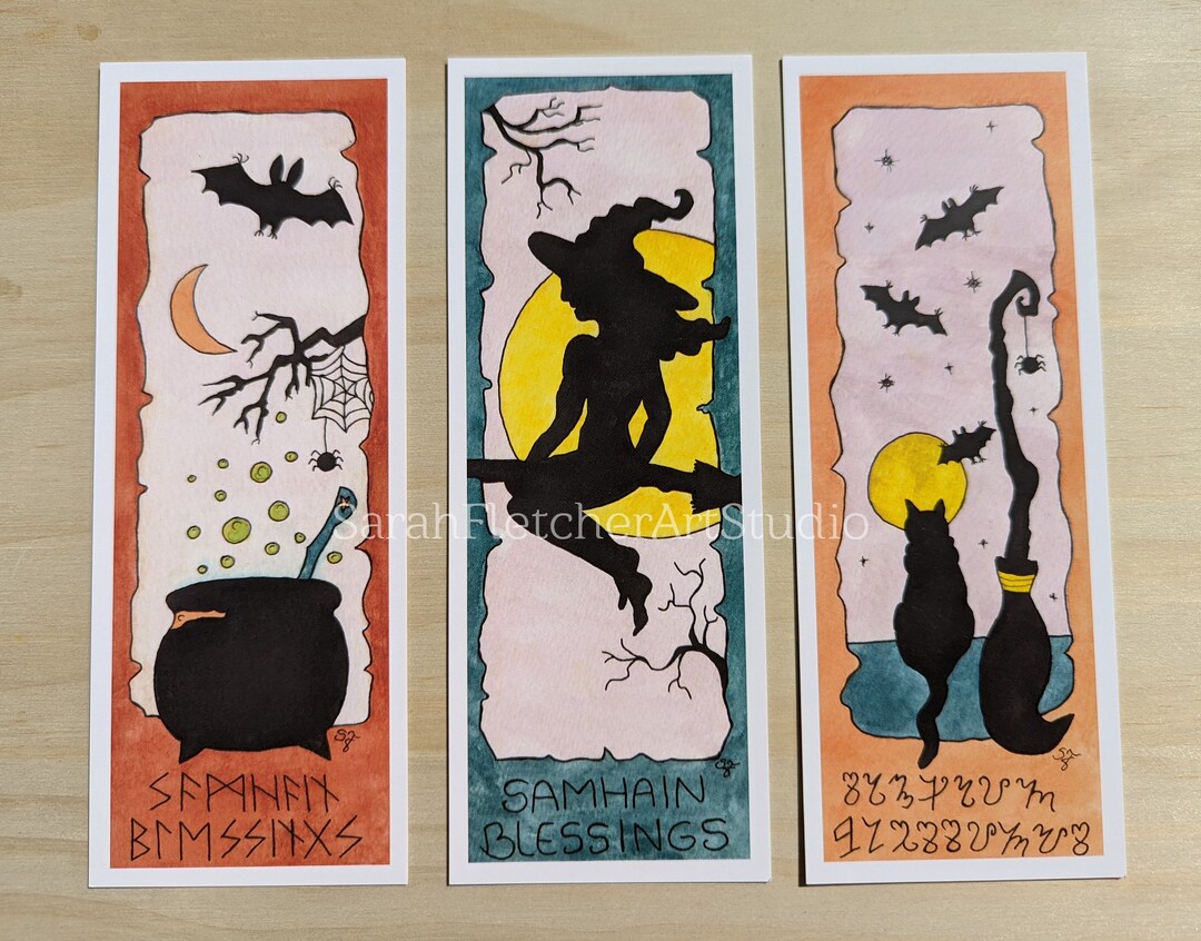 Set of 3 Bookmarks, Samhain Set, Witch Bat Cat Cauldron Spider Web Tree ...
