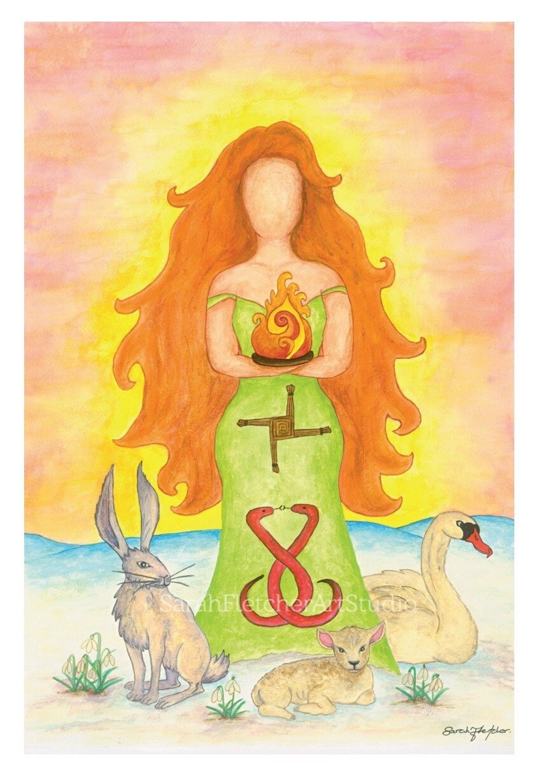 Goddess Brigid A5 Print From Original Watercolour Painting, Hare Swan ...