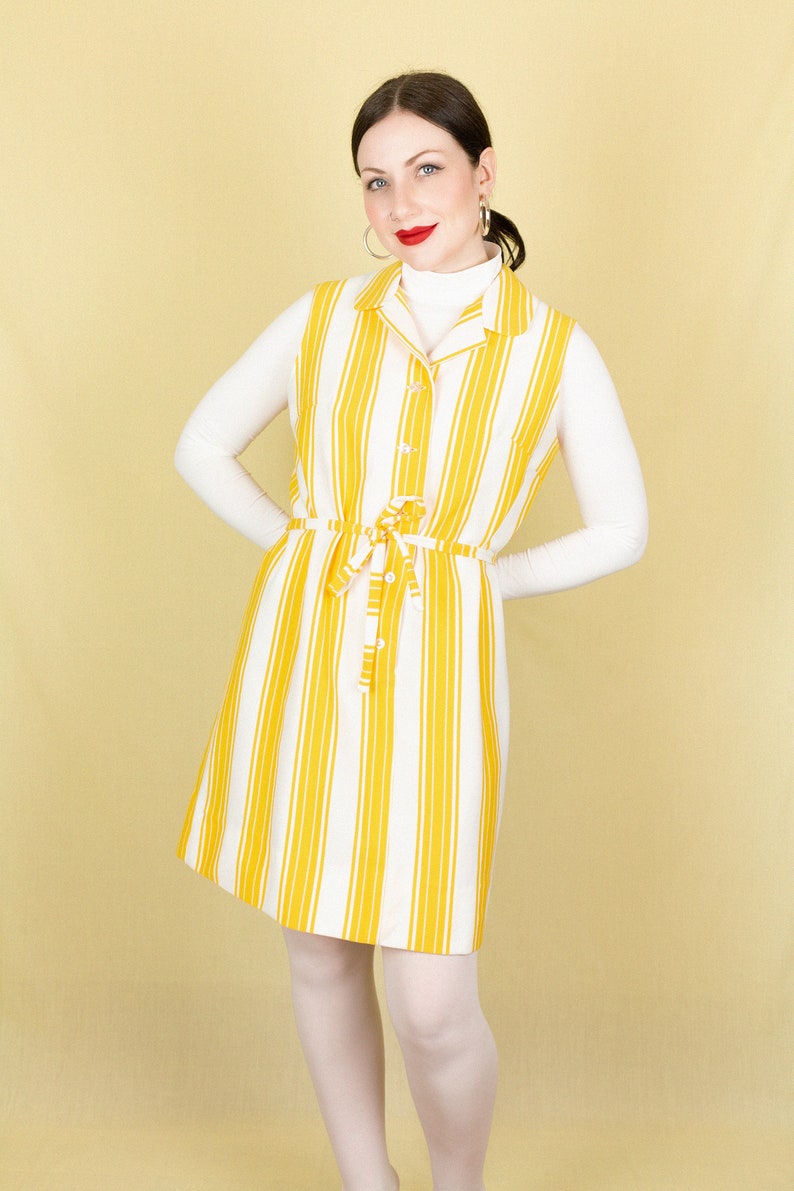 1960s Sunshine Yellow White Striped Crimplene Dress Sleeveless Open ...