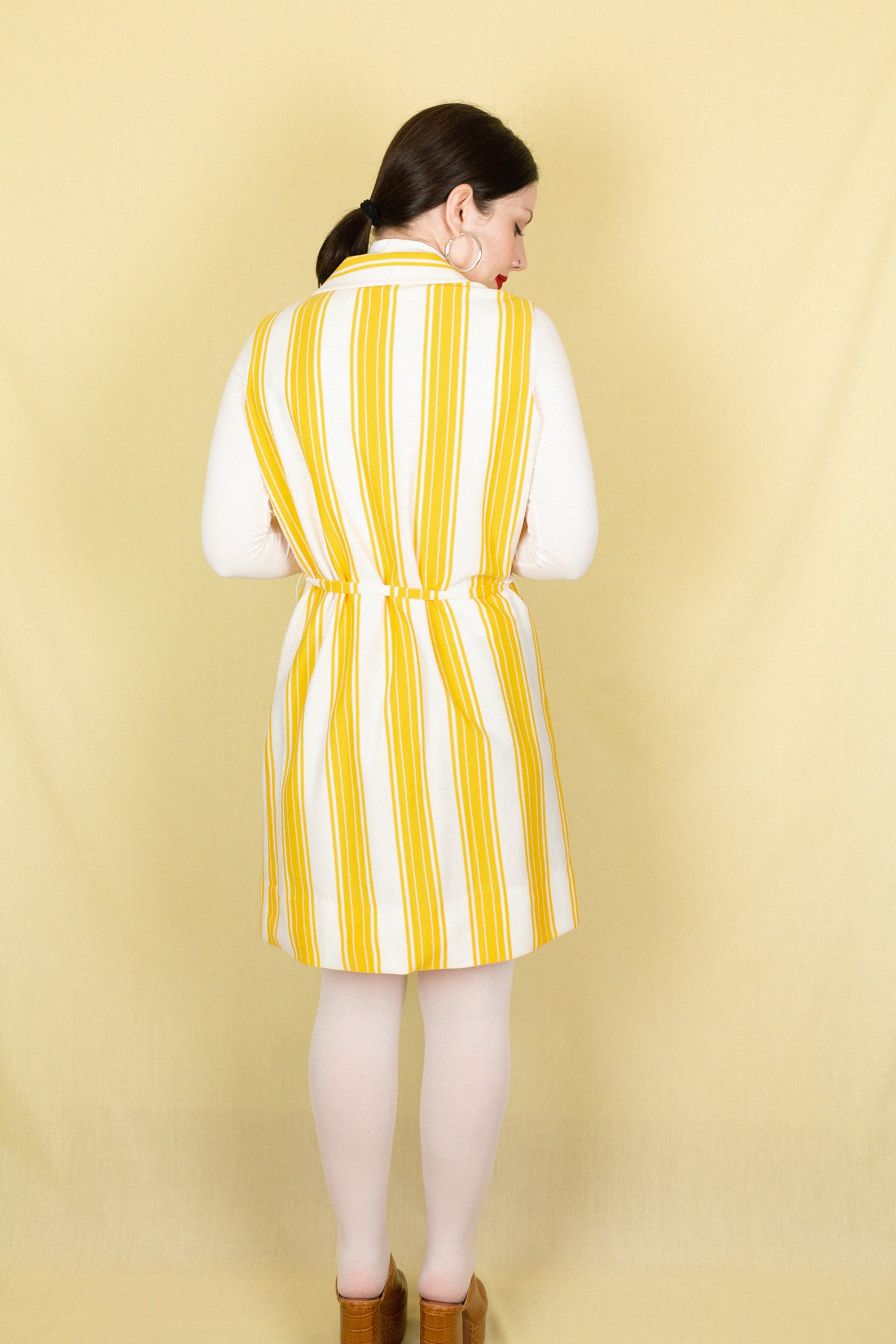1960s Sunshine Yellow White Striped Crimplene Dress Sleeveless Open ...