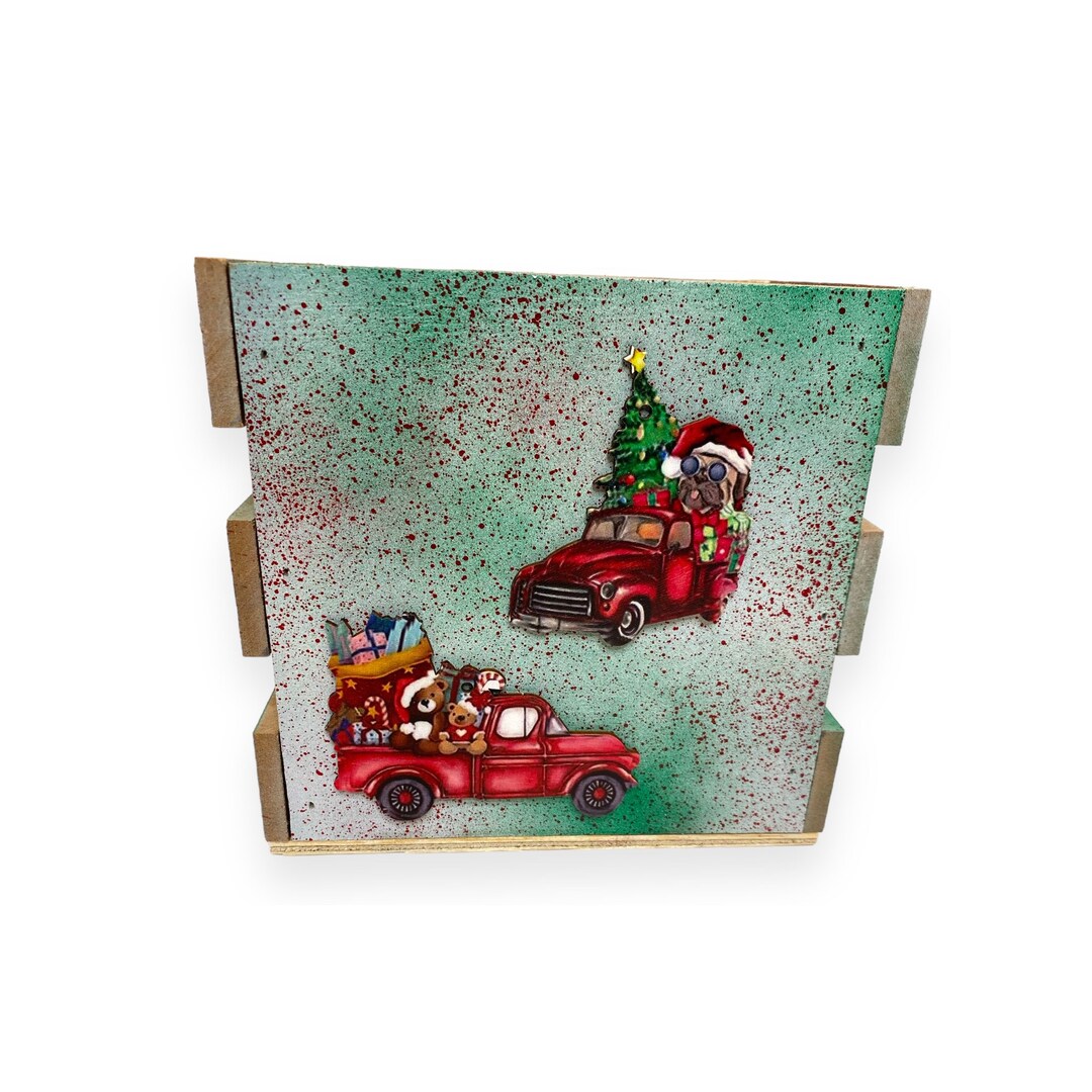 Handmade Christmas Wooden Crate With Santa Puppy in Red Truck, Holiday ...