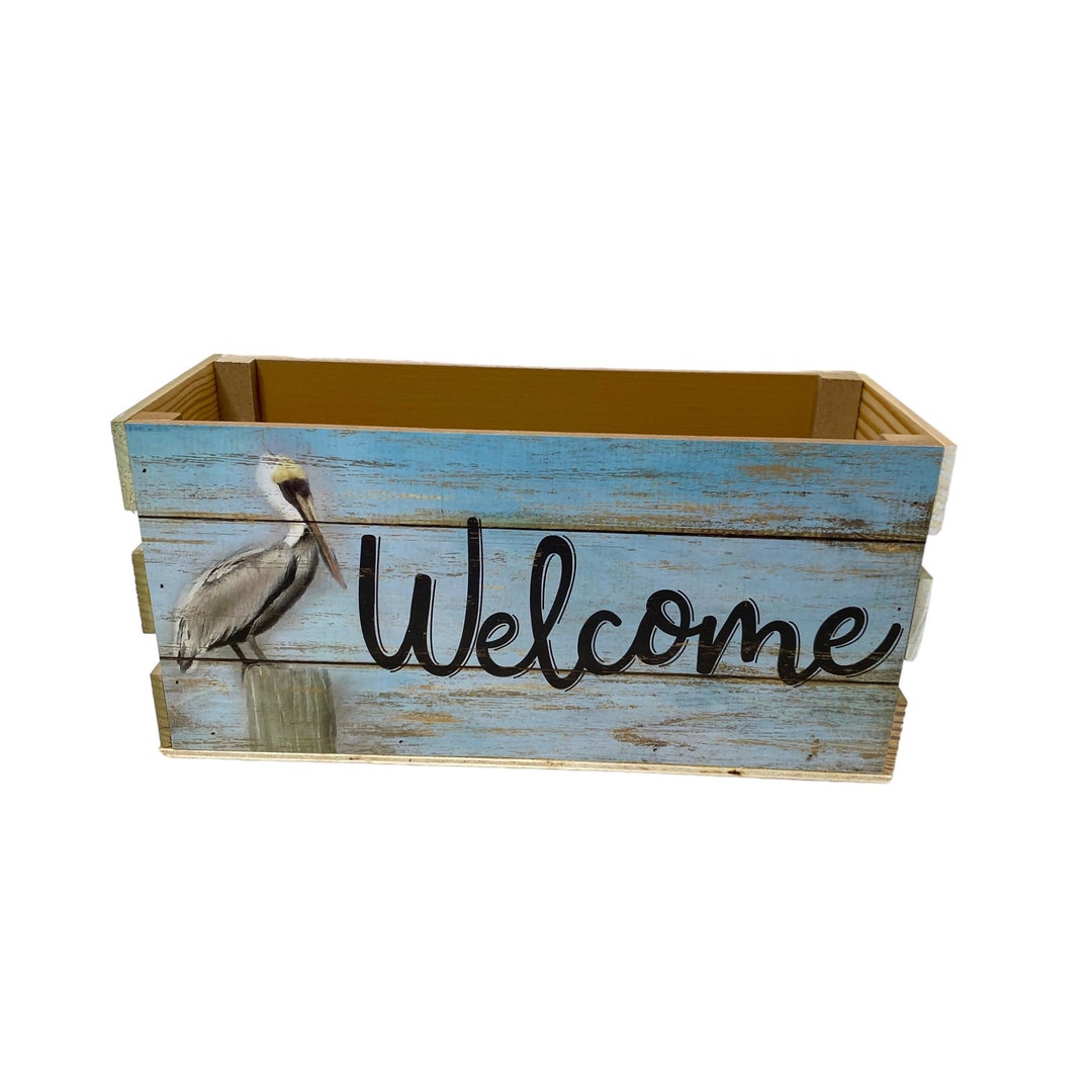 Pelican Welcome Wooden Crate, Coastal Summer Beach Decor, Multipurpose ...