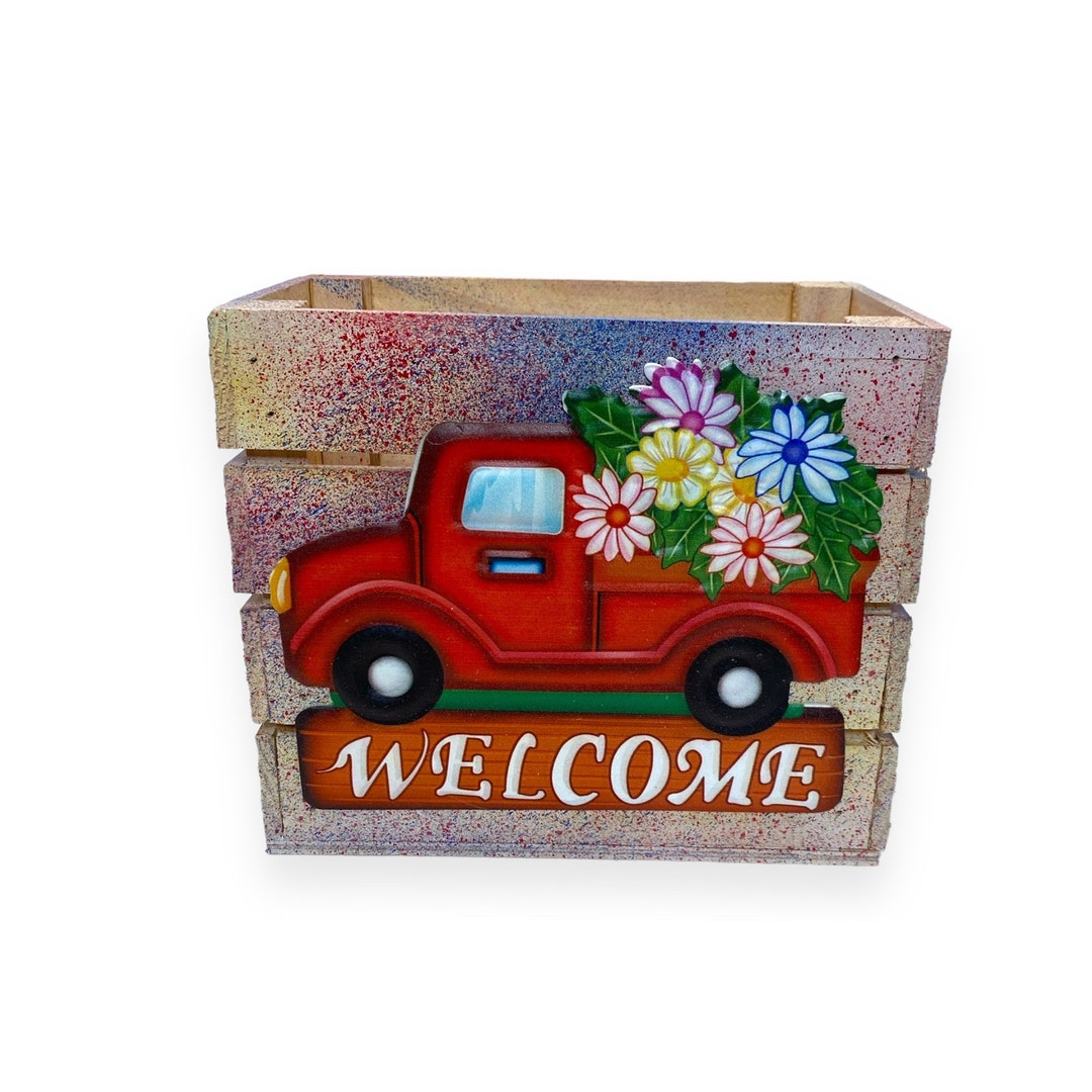 Rustic Wooden Crate With Red Truck Design and Colorful Flowers ...