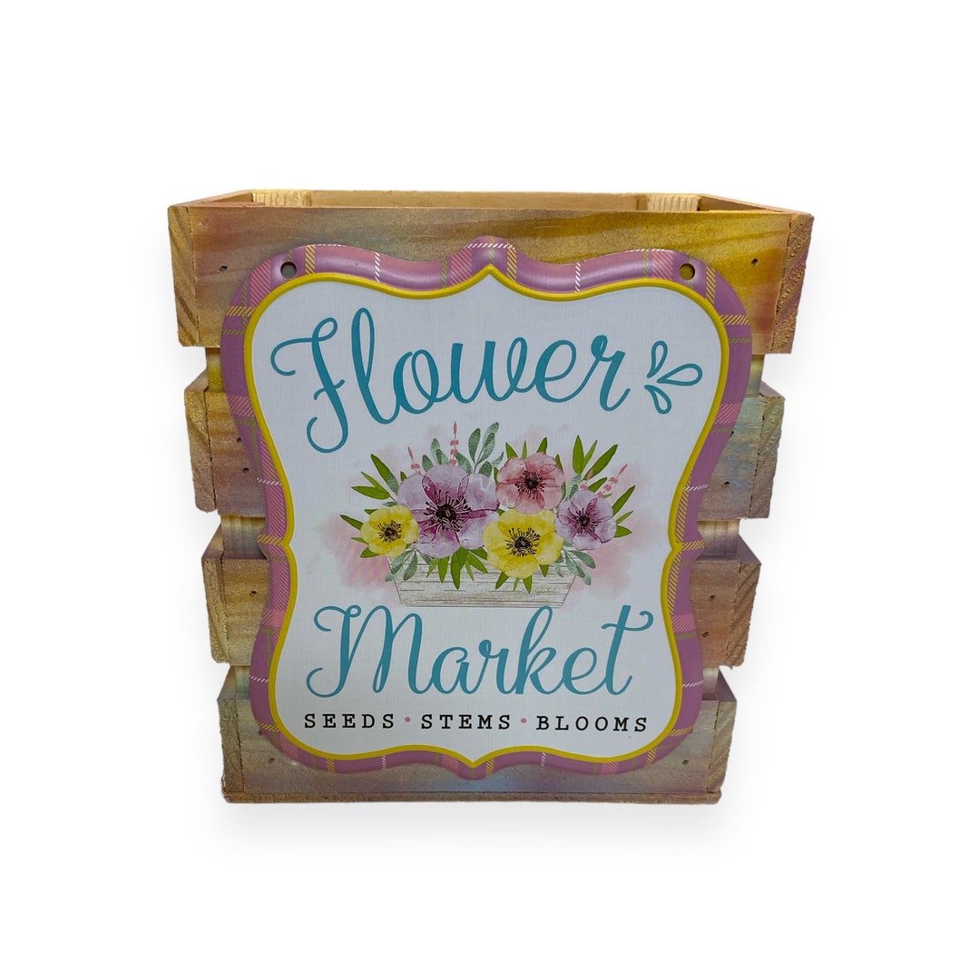 Flower Market Wooden Crate, Vibrant Desk Organizer, Decorative Storage ...
