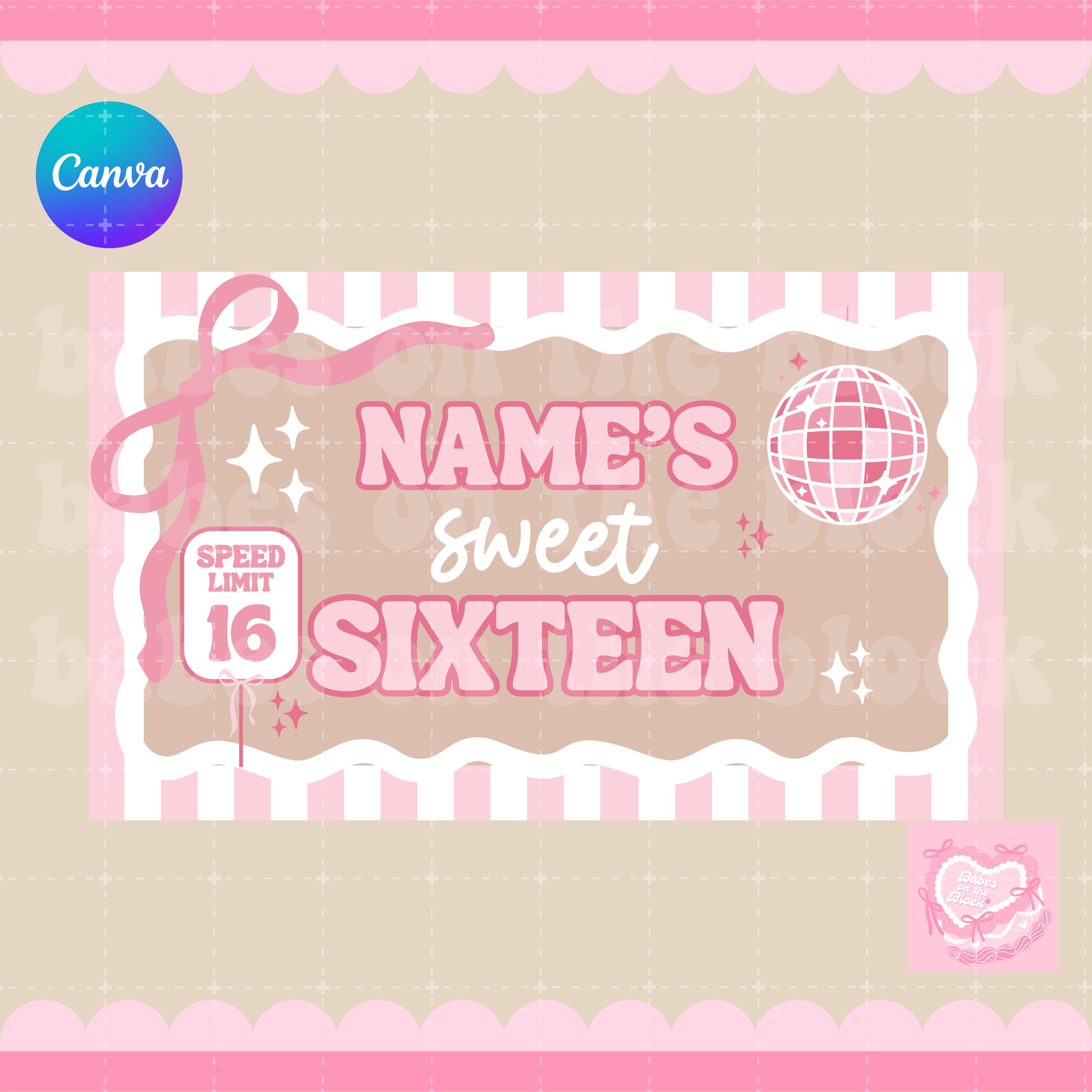 Sweet 16 Banner • Editable Canva Sweet Sixteen Banner • Girly Coquette ...