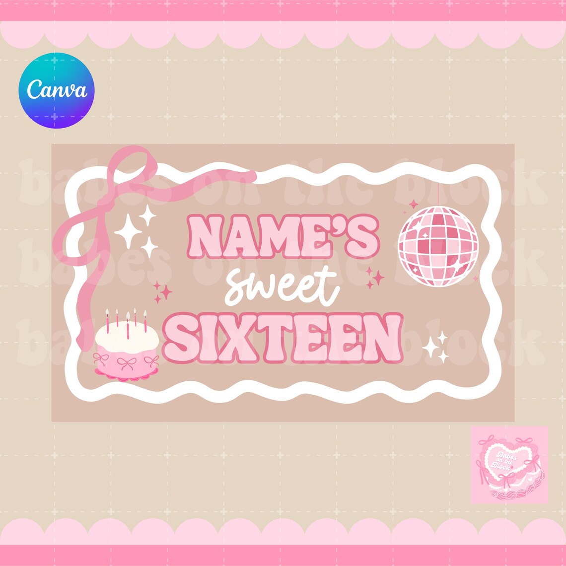 Sweet 16 Banner • Editable Canva Sweet Sixteen Banner • Girly Coquette ...