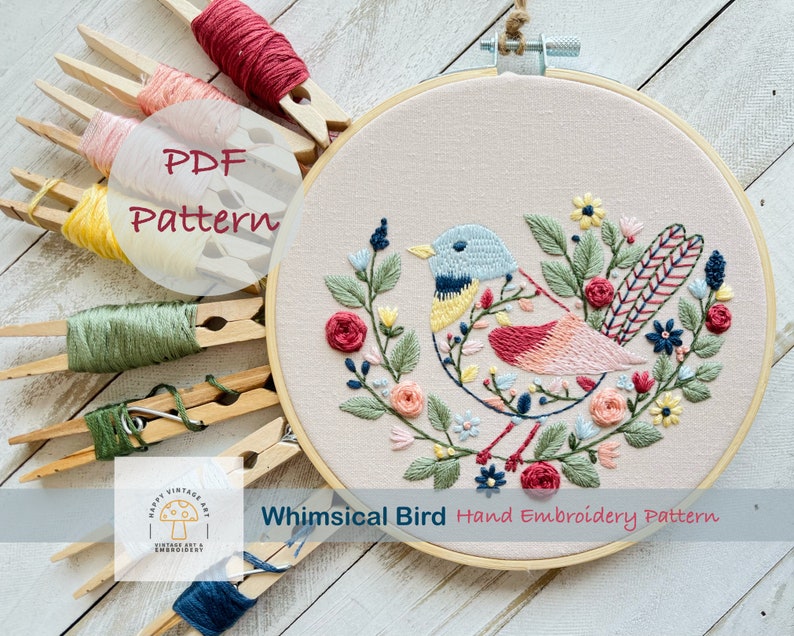 Whimsical Bird Floral Hand Embroidery Digital PDF Pattern Plus How to ...
