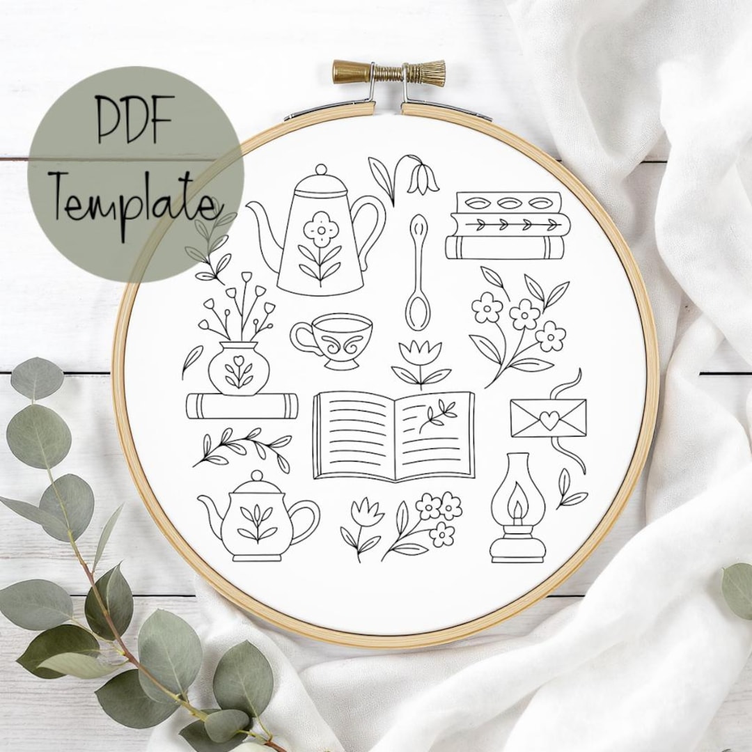 Cottage Core Embroidery Pattern Template Tea Time PDF Instant Download ...