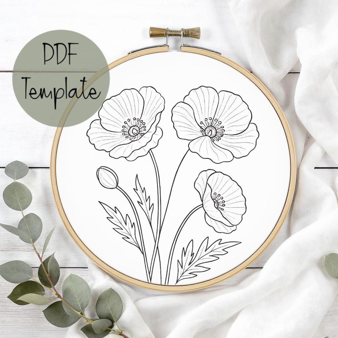 Poppy Embroidery Pattern Template PDF • Floral Line Art Template ...
