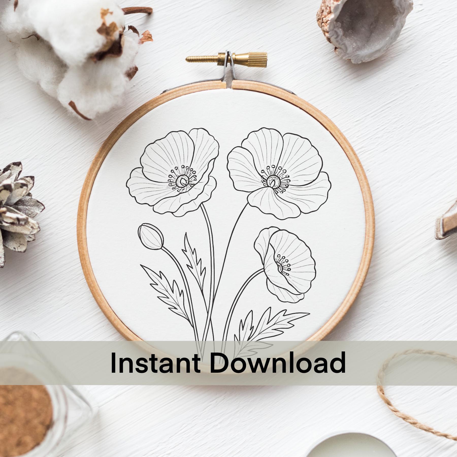 Poppy Embroidery Pattern Template PDF • Floral Line Art Template ...