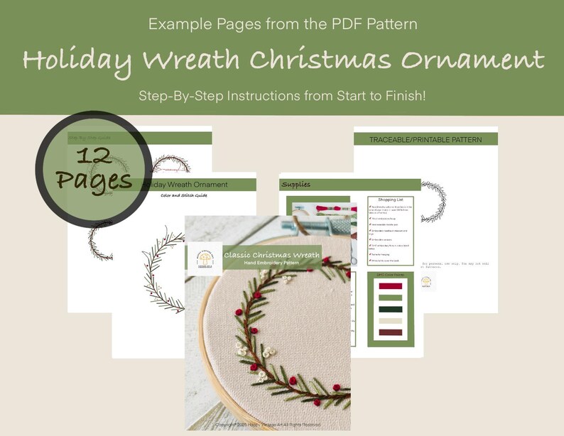 Holiday Wreath Christmas Ornament PDF Pattern: Beginner Embroidery (3 ...