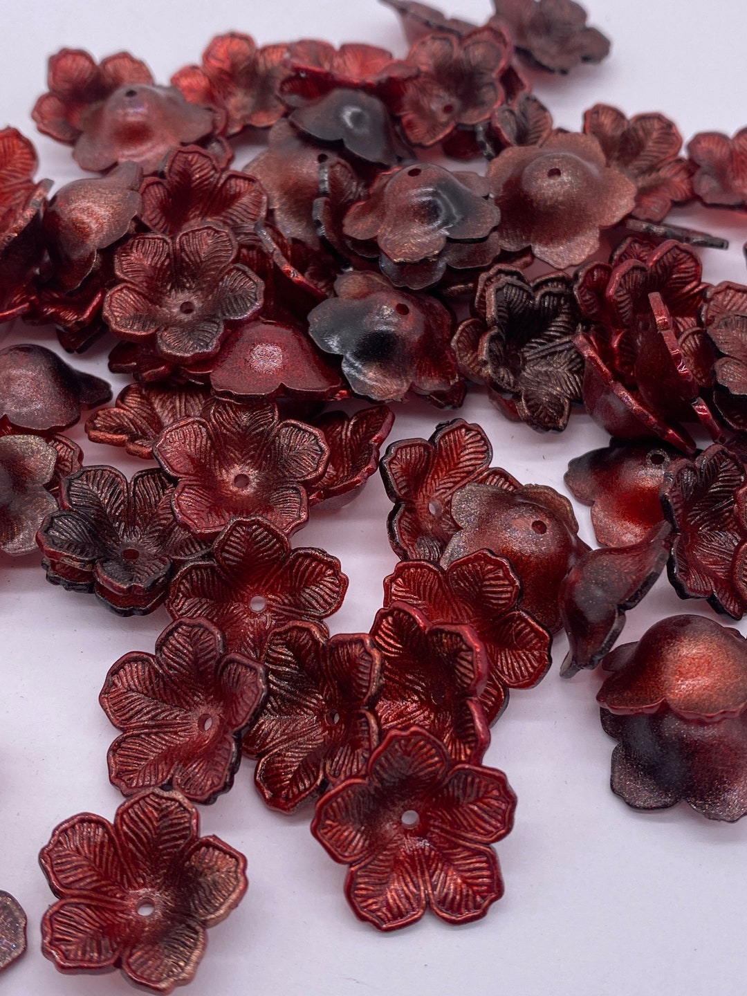 Hand Painted Periwinkle Flower Beads From Our Studio. (16mm) Cherry Red ...