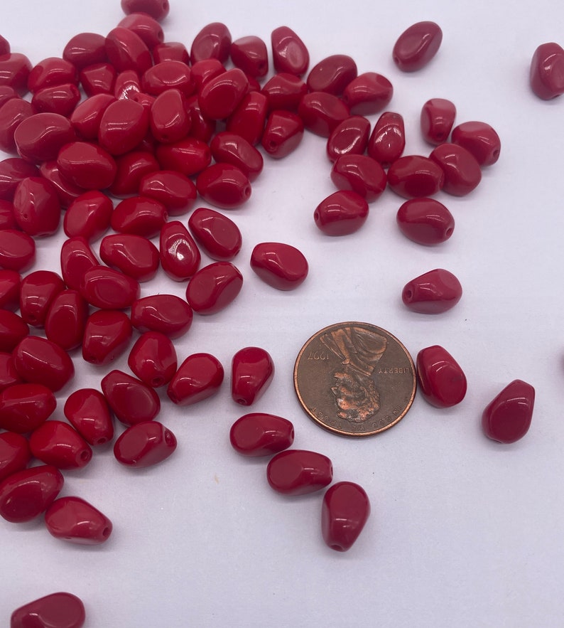 Deep Red Oval Pinch Bead. Opaque Glass. 9.5mm, ( 40 Pieces per Price ...