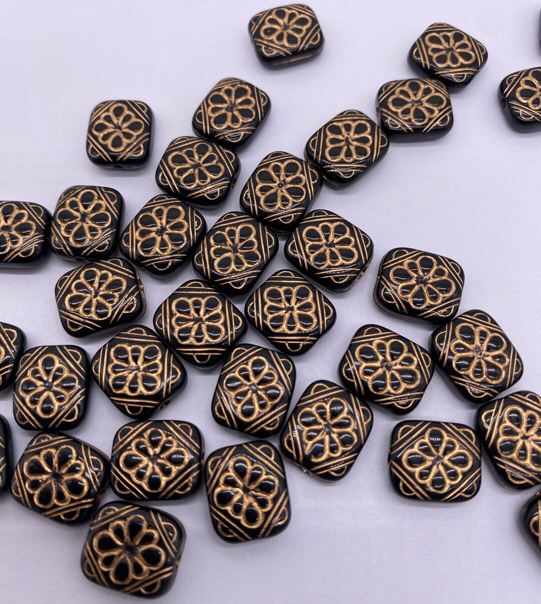 Vintage Square Black Bead With Gold Embosed Design. 11mm (20 Pieces per ...
