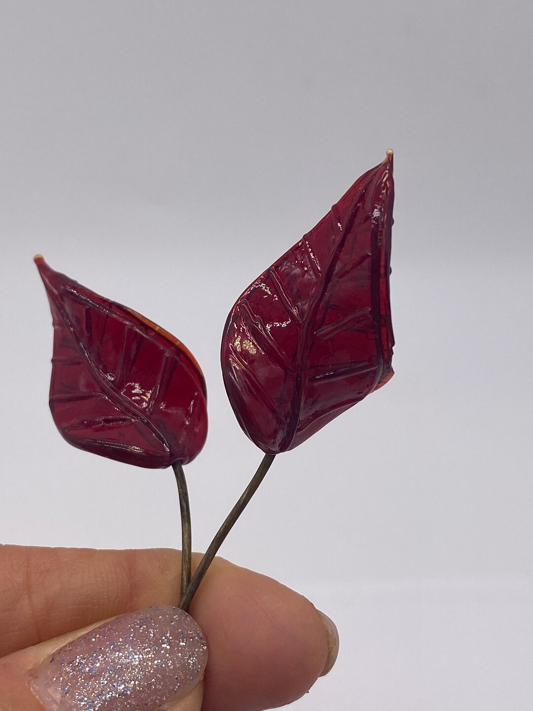Large Vintage Twist Pressed Glass Leaf With Fused Wire. Ruby Red. 32mm ...