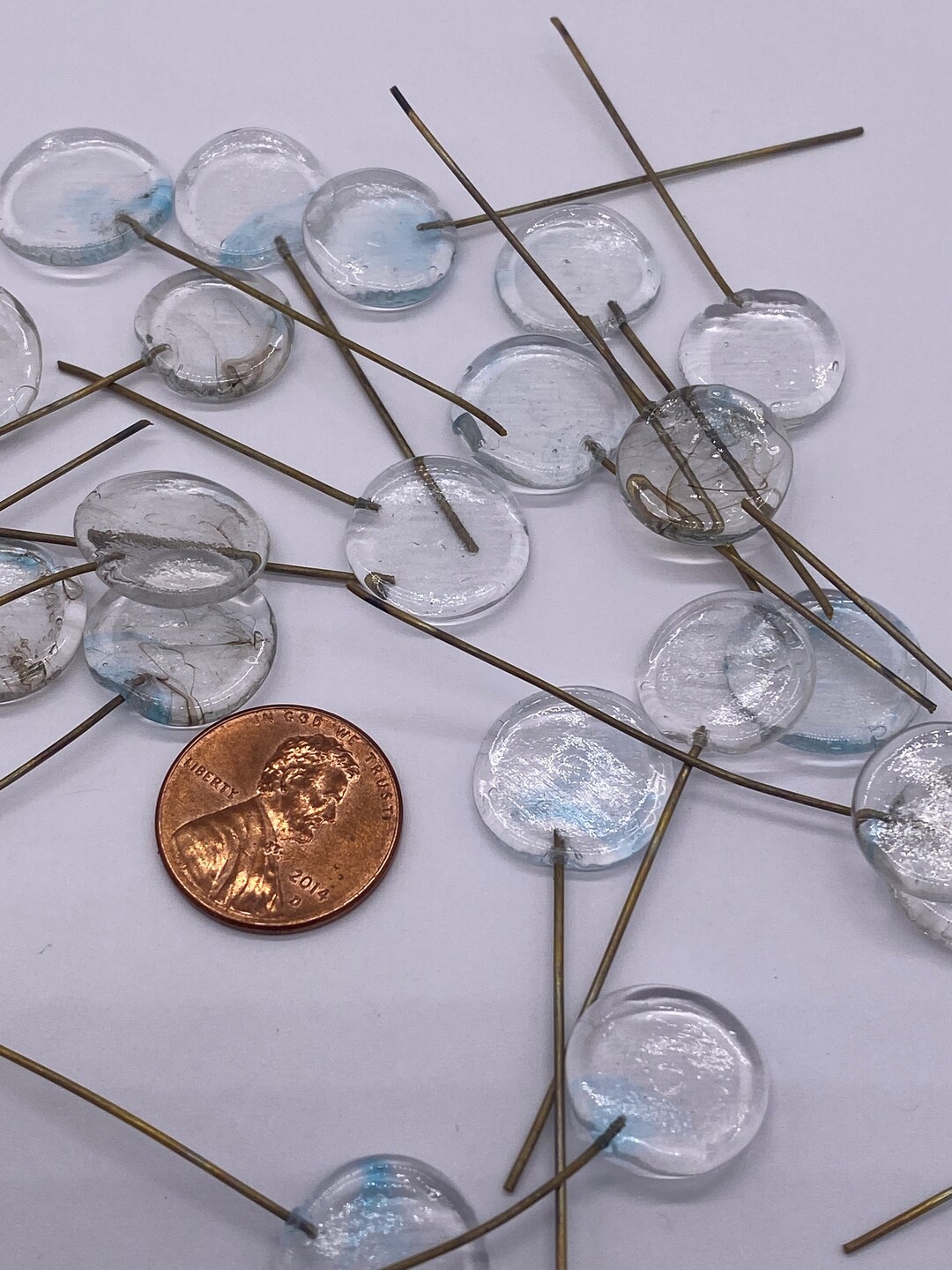 Round Glass Disks With Fused Brass Wire/eyepin. 14mm, Clear and Aqua ...