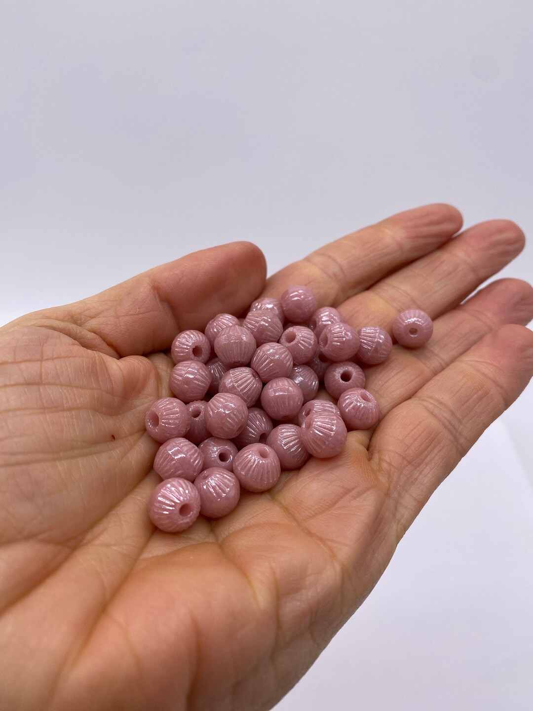Vintage Glass Ribbed Barrel Bead. 8mm. Pink With AB Coating ( 40 Pieces ...