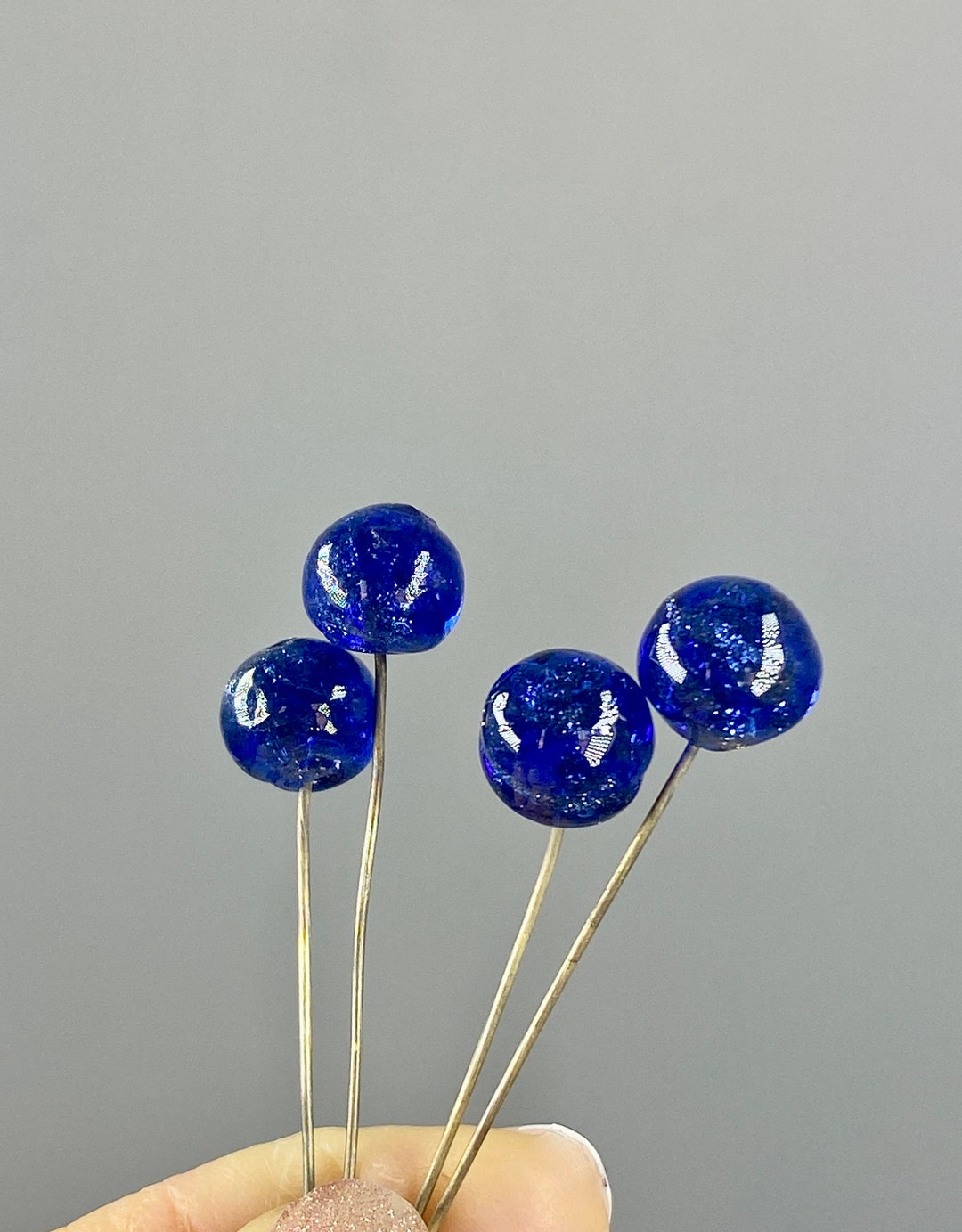 10mm Round Glass Bead With Pliable Fused Brass Wire Eye Pin. Blue With ...