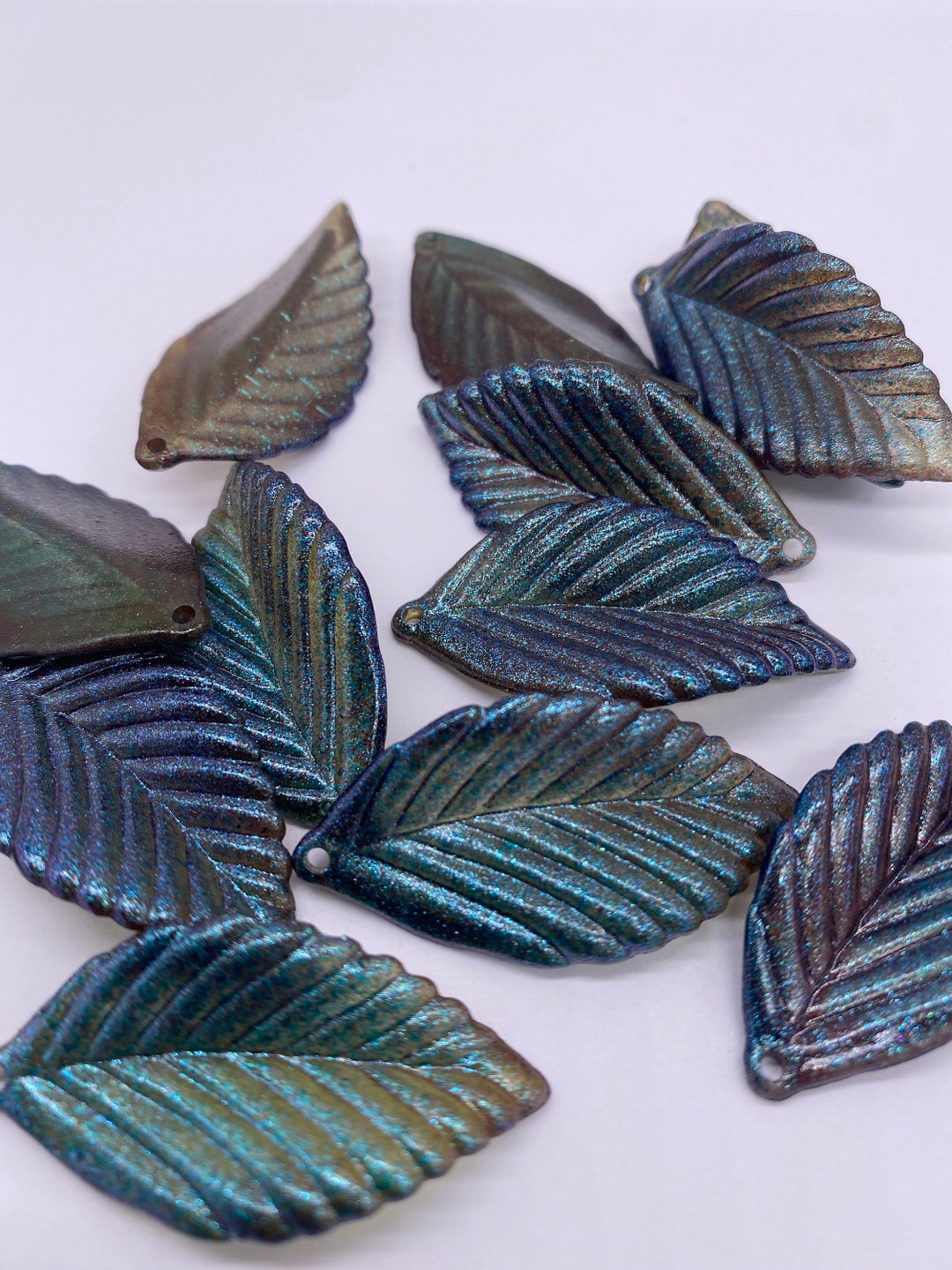 Large Hand Painted Leaf Bead. Iridescent Turquoise. Acrylic 39mm (12 ...
