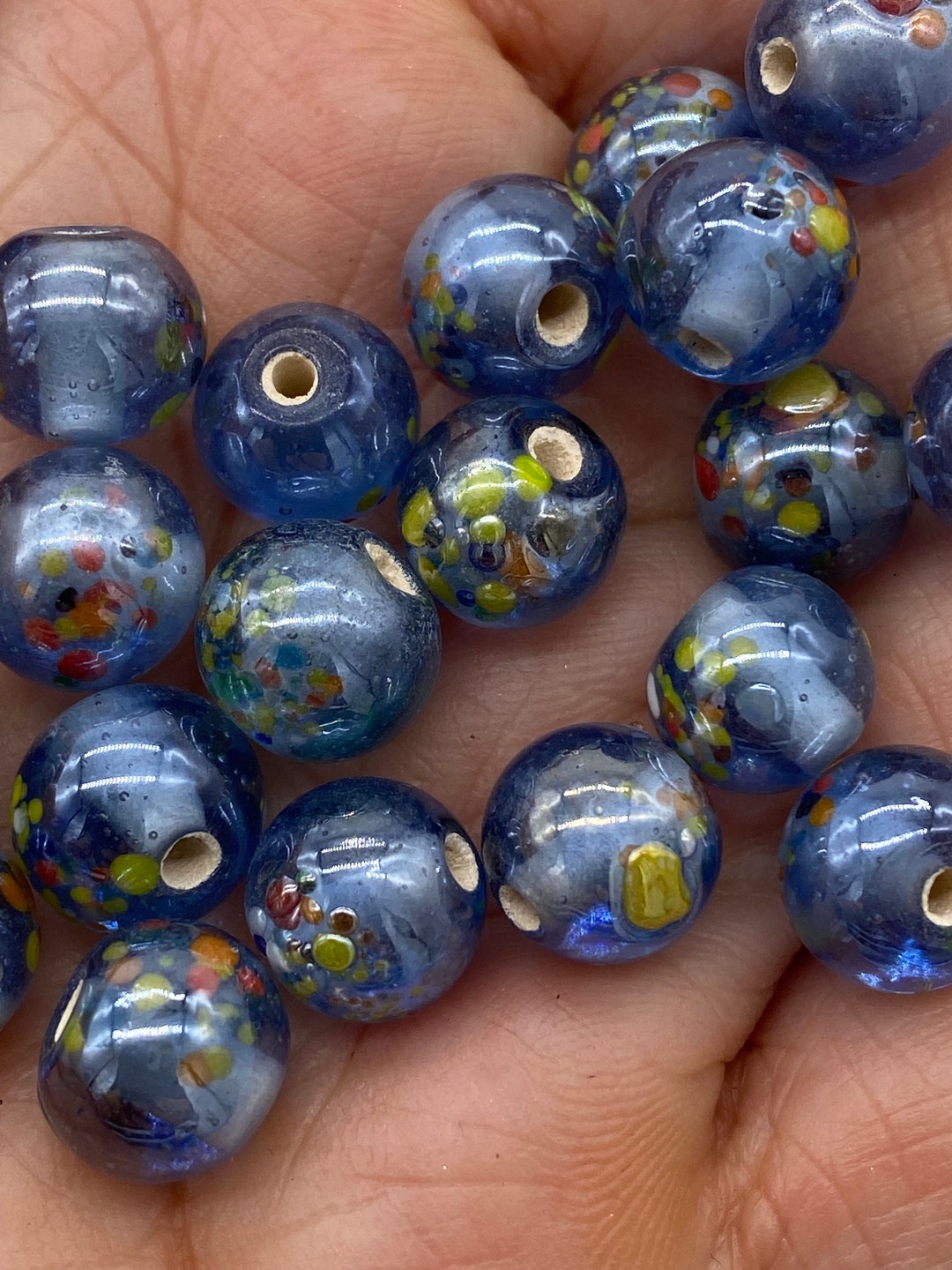 Transparent Blue Glass Beads With Multi-colored Speckles (30 Pieces per ...
