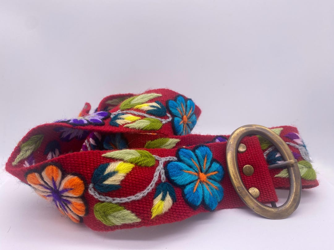 Hand Embroidered Peruvian Wool Belt With Brass Buckle. Size Medium. 40 ...