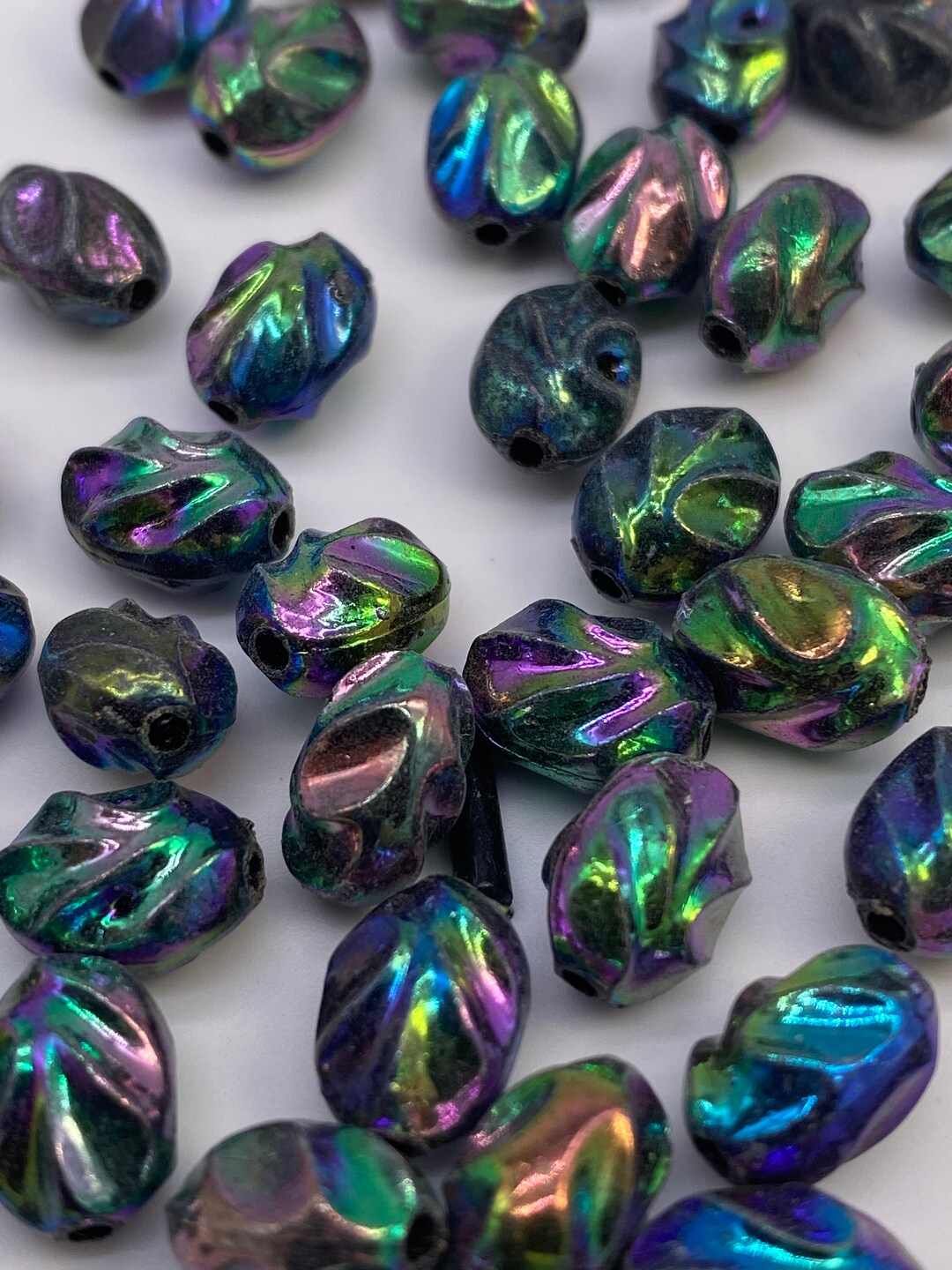 Black, Purple and Green Iridescent Swirly Bean Shaped Beads.(acrylic ...