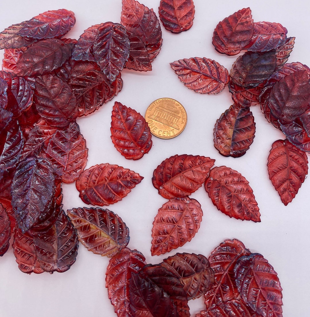 Hand Painted Leaf. 28mm. Red Transparent With Blue Violet Shimmer. (20 ...