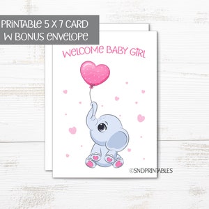 Welcome Baby Girl Printable Card - Cute Elephant With Pink Balloon - 5 ...