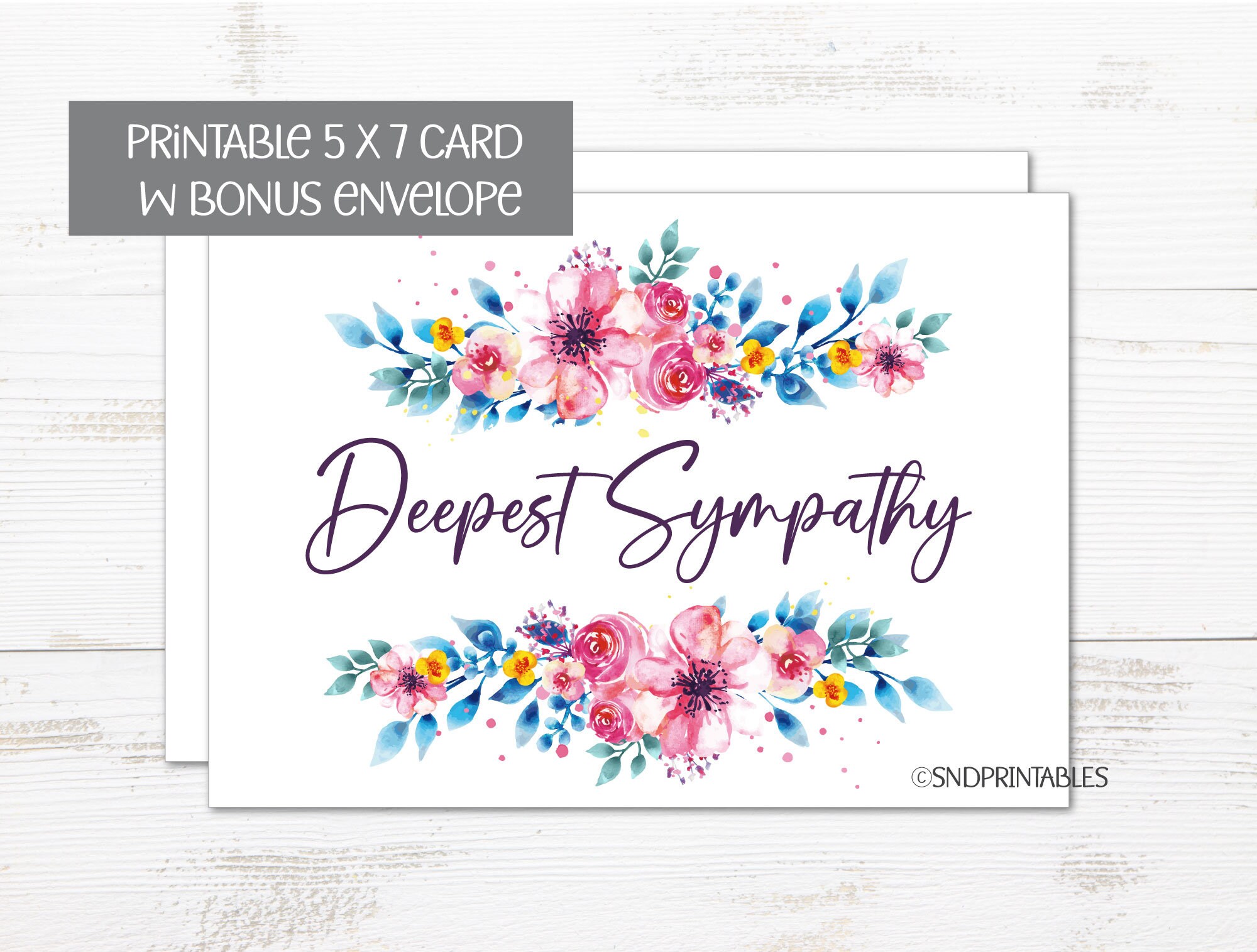 Deepest Sympathy Card With Flowers Printable Greeting Card - 5 X 7 With ...