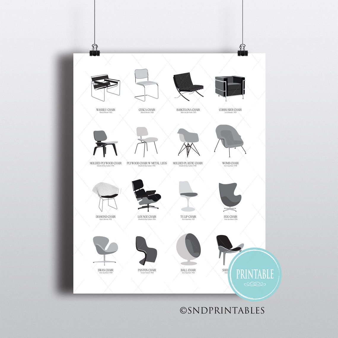 Iconic Chairs of the 20th Century Poster Wall Art Printable - Etsy