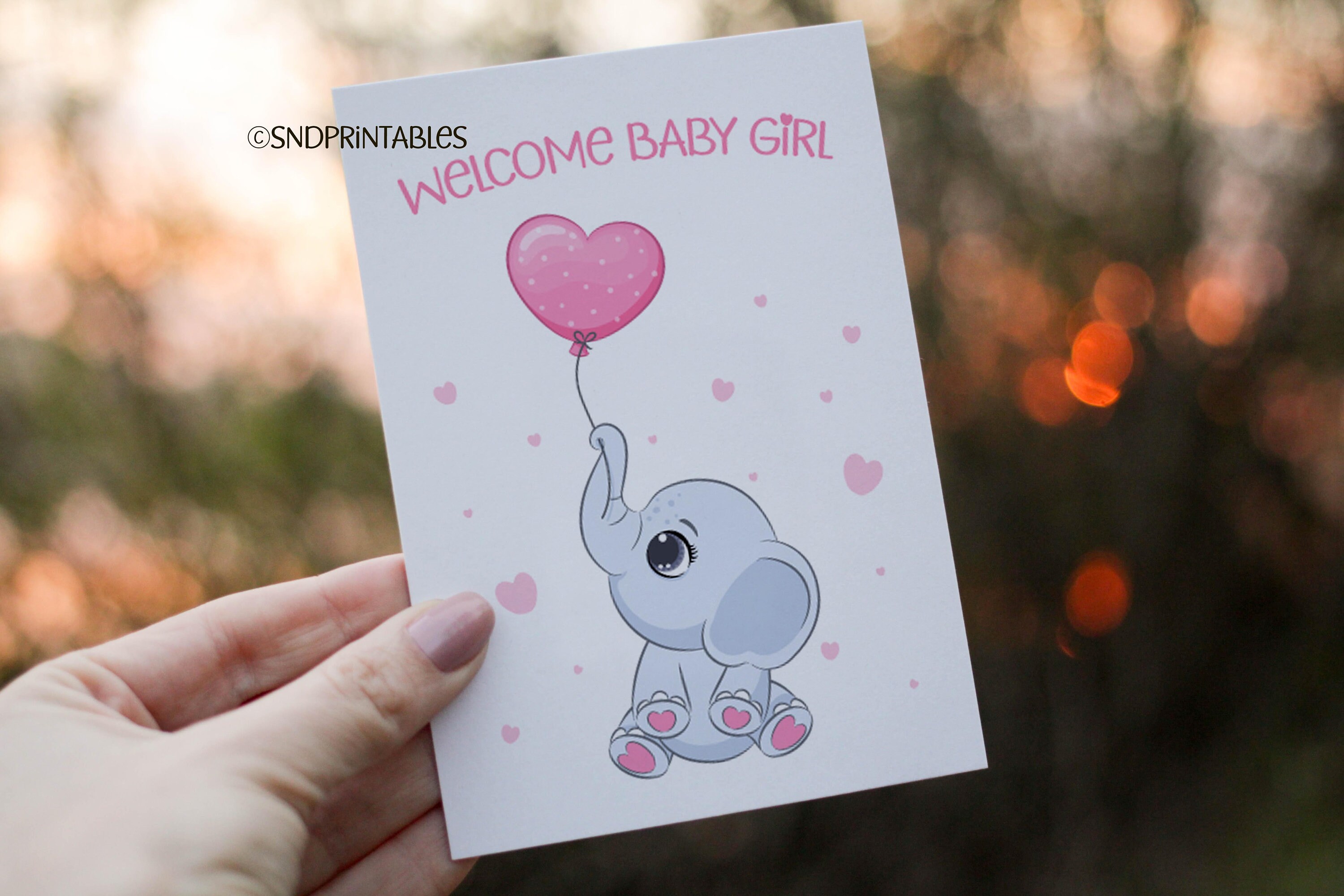 Welcome Baby Girl Printable Card Cute Elephant With Pink Balloon 5 X 7 ...