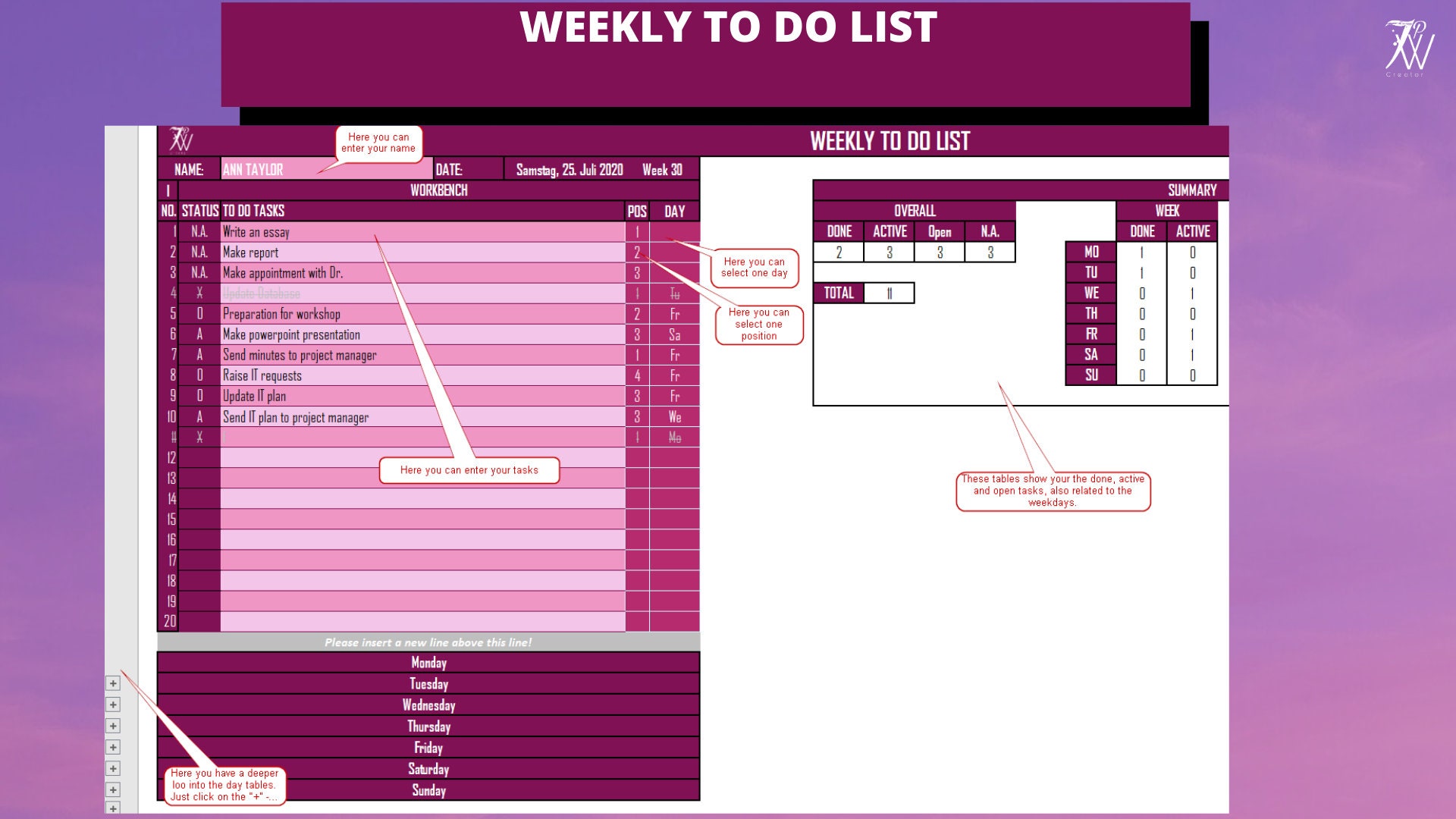 Weekly to Do List | Workbench to Do List | New Year Resolution ...