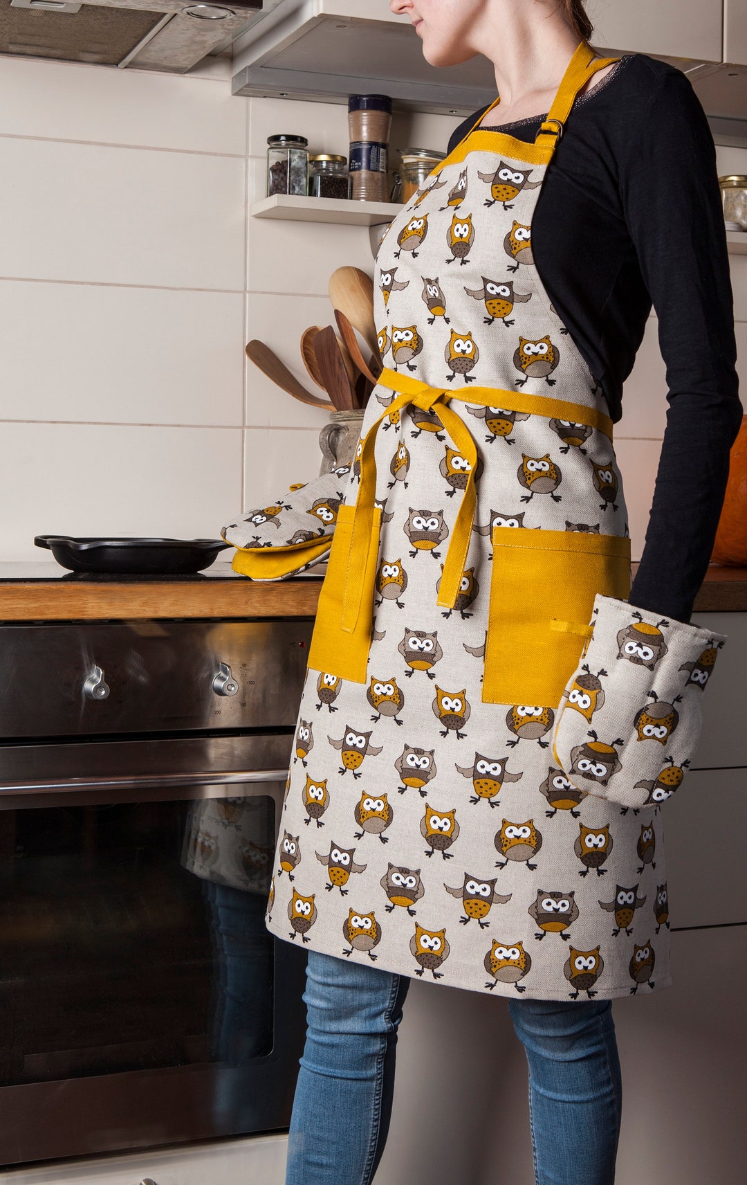 Linen Apron With an Owl Pattern, Gift for Woman, Christmas Gift ...