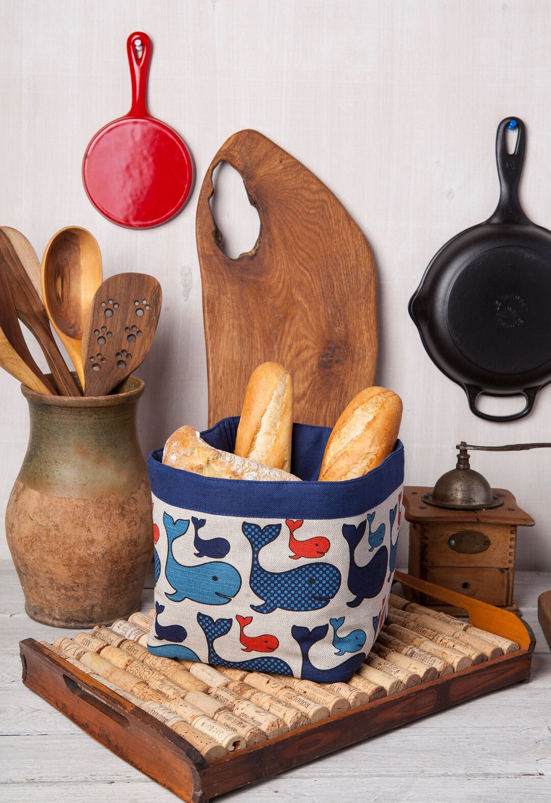 Linen Bread Basket, Organic Food Storage, Cloth Bread Basket, Whale ...