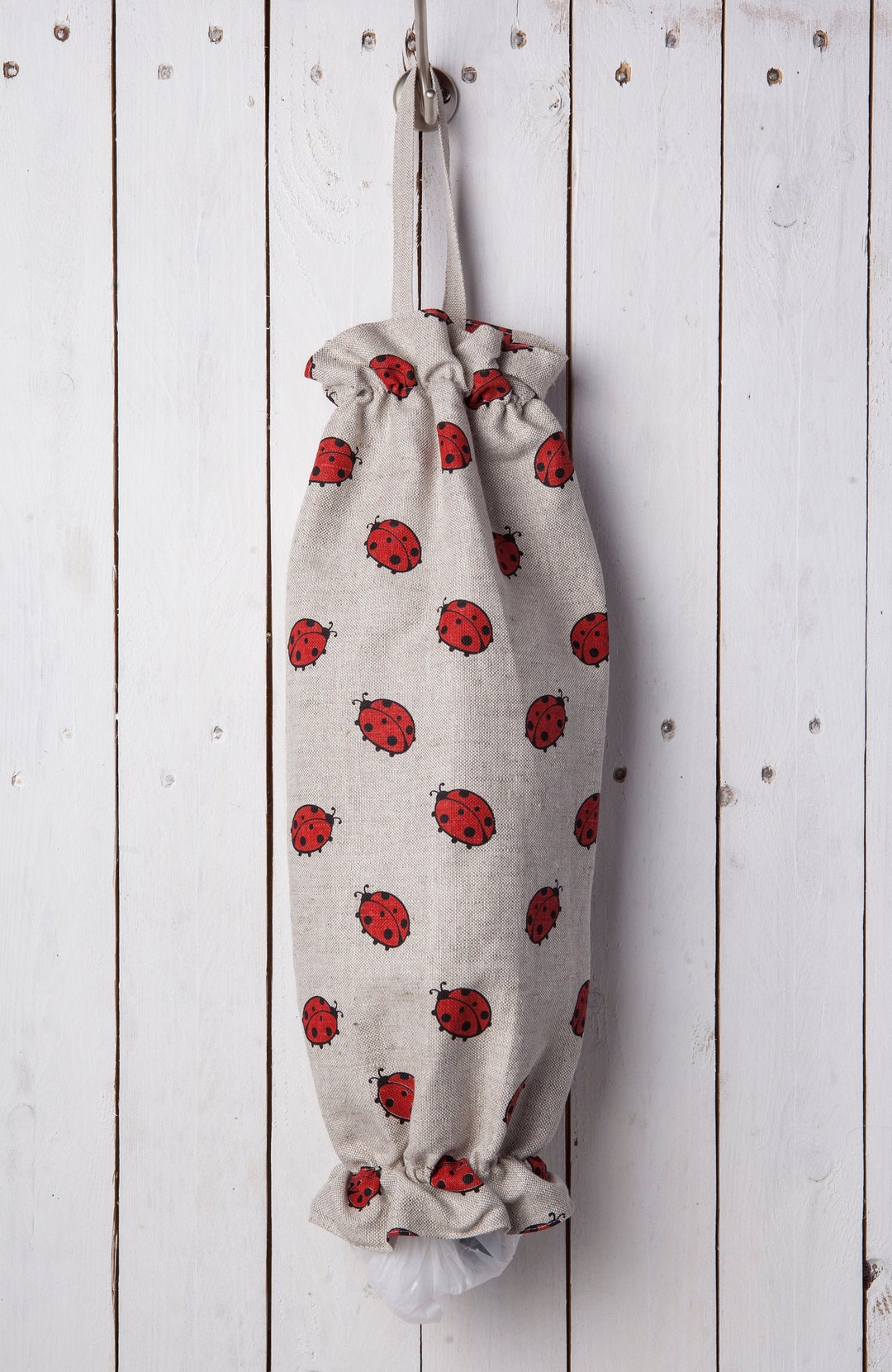 Linen Plastic Bag Holder With a Ladybirds Design, Grocery Bag Holder ...