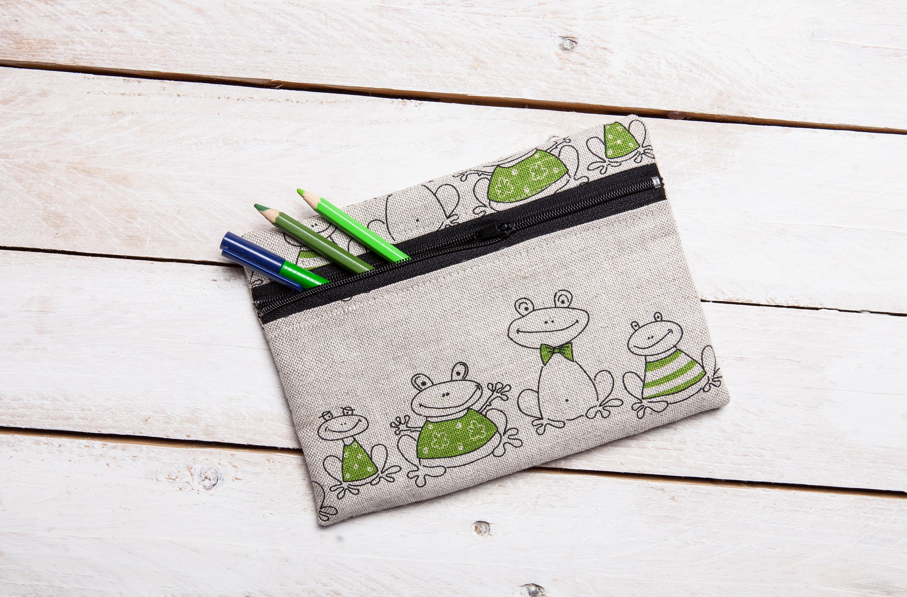 Linen Zipper Pouch, Frogs Design, Pencil Case, Makeup Bag, Toiletries ...
