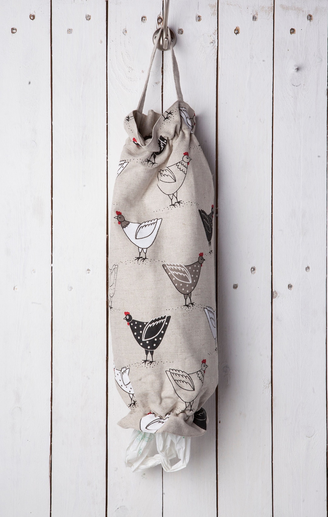 Linen Plastic Bag Holder With a Hen Design, Grocery Bag Holder, Bag ...