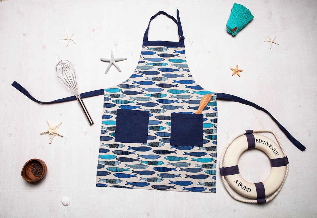 Kids Apron, Linen Apron, Sardines Design, Sea, Fish Pattern, Beach ...