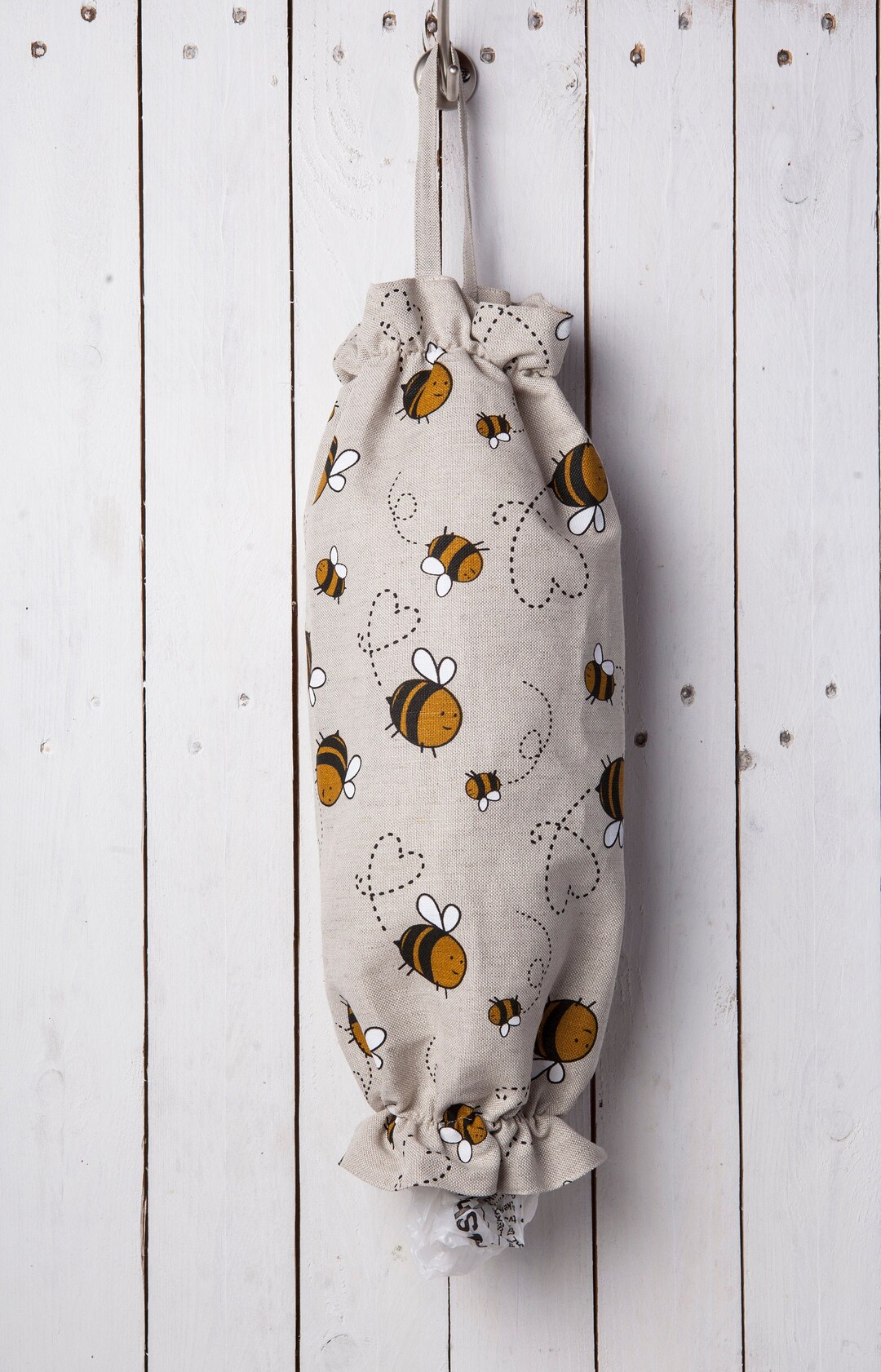 Linen Plastic Bag Holder With a Bees Design, Grocery Bag Holder, Bag ...
