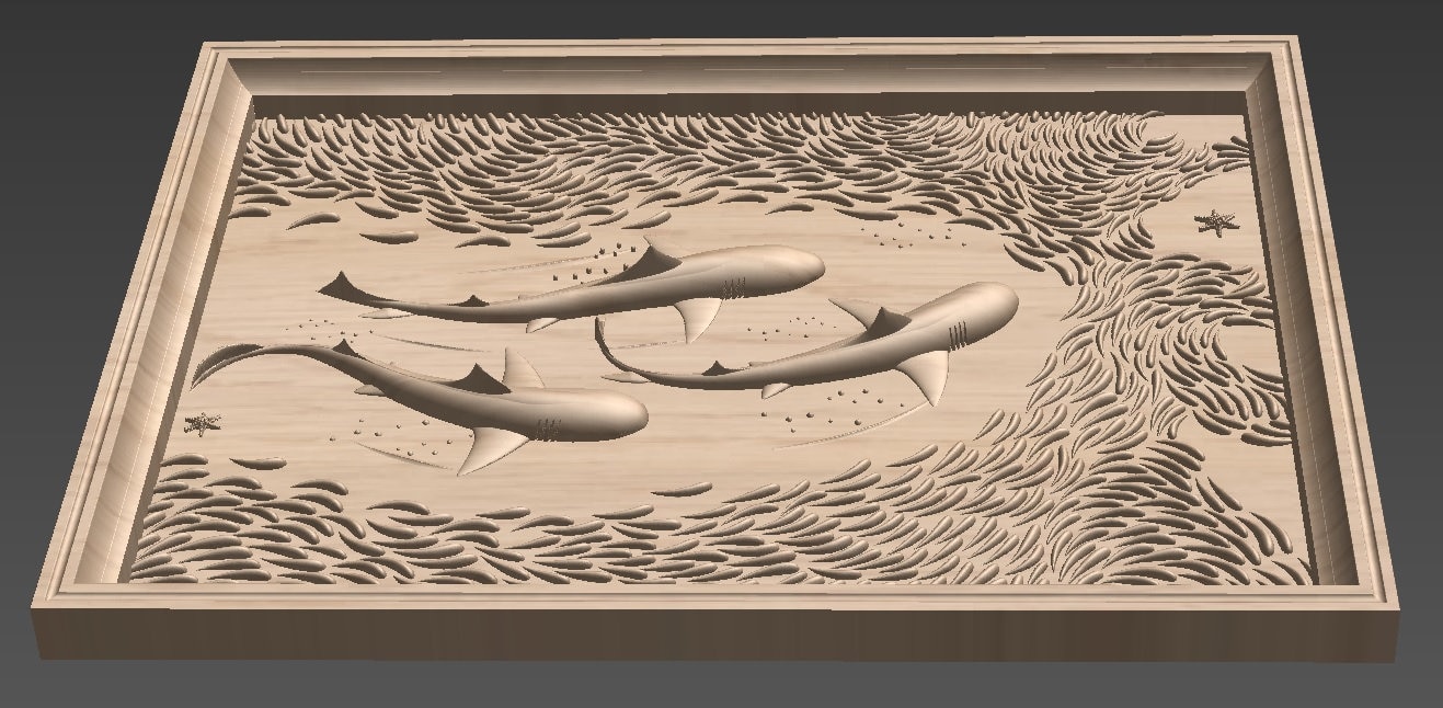 Three Swimming Sharks and a School of Sardines - CNC File for Carving ...