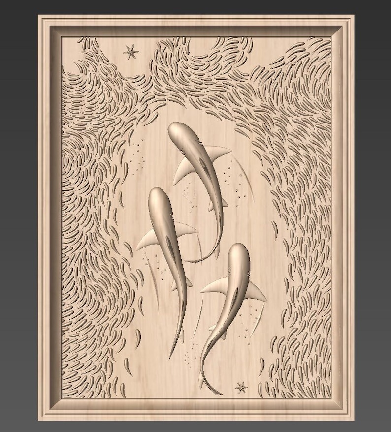 Three Swimming Sharks and a School of Sardines - CNC File for Carving ...