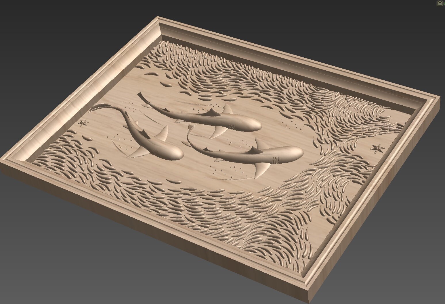 Three Swimming Sharks and a School of Sardines - CNC File for Carving ...