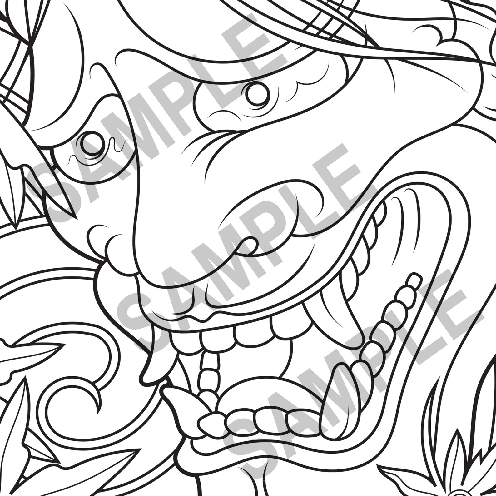 Japanese Oni Mask Tattoo Sketch Coloring Page