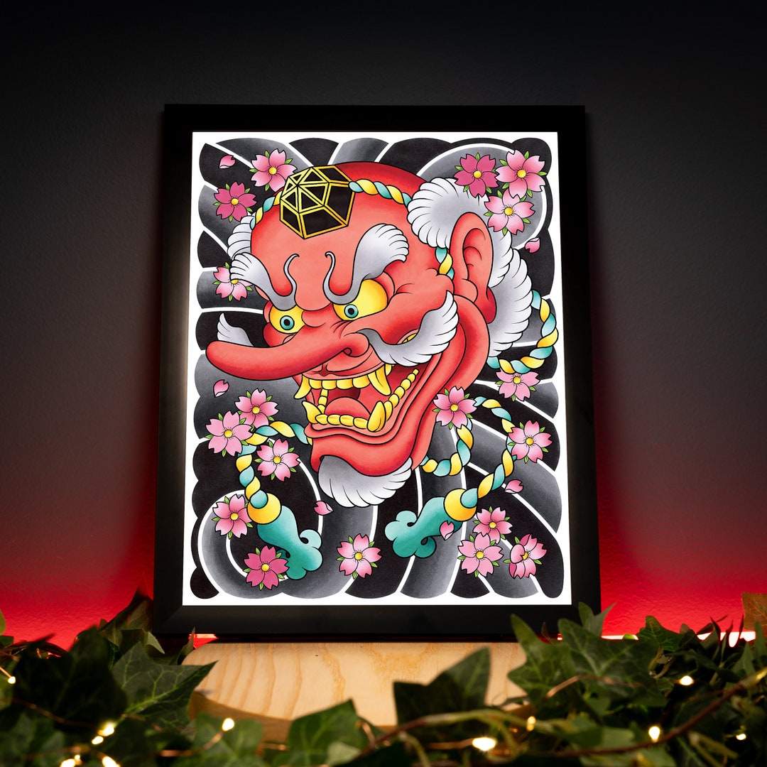Tengu Oni Noh Mask and Sakura Cherry Blossom Flower Traditional ...