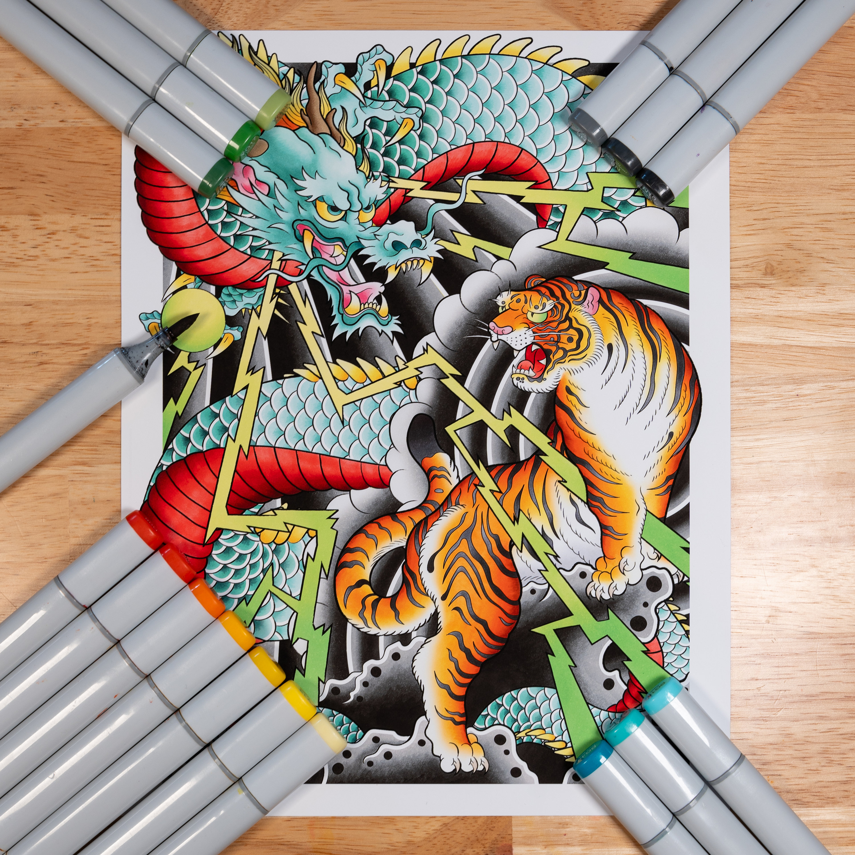 Dragon and Tiger Traditional Irezumi Japanese Tattoo Flash Hand Drawn ...