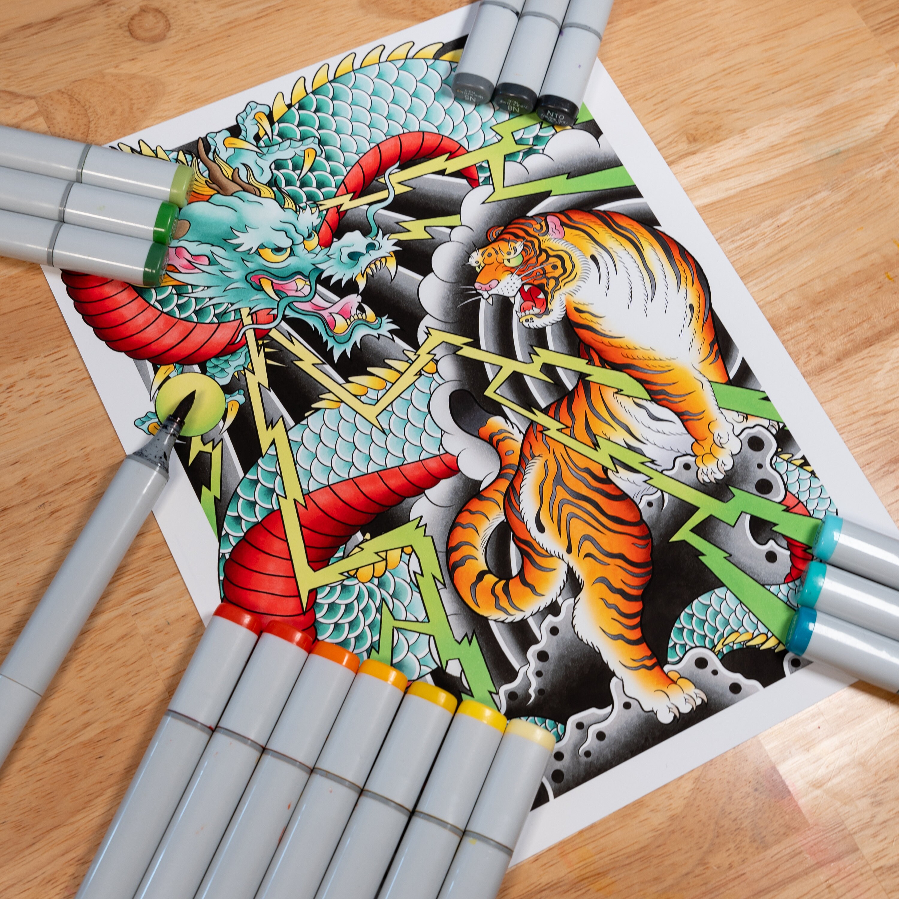 Dragon and Tiger Traditional Irezumi Japanese Tattoo Flash Hand Drawn ...
